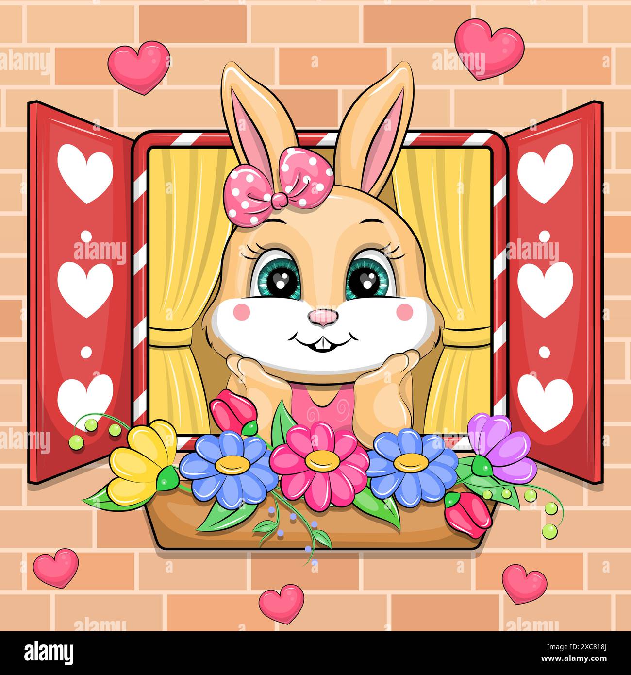 Cute cartoon rabbit looks out the window. Vector illustration of animal ...