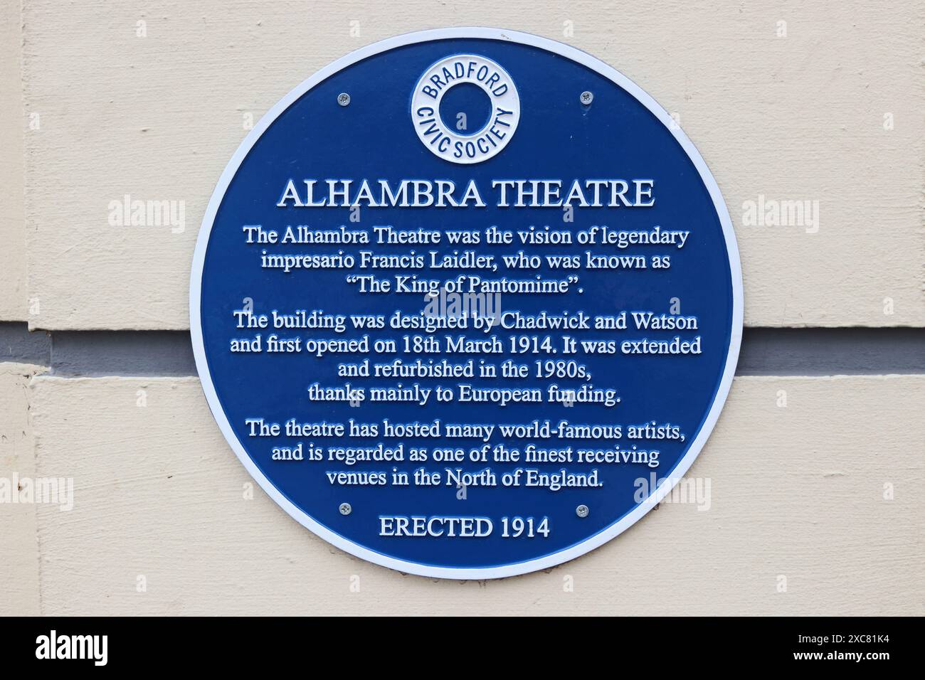 Blue Plaque on outside of Alhambra Theatre, Bradford Stock Photo - Alamy
