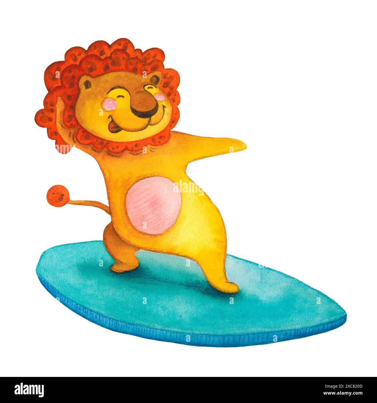 The lion is riding a surfboard and is very happy. Watercolor ...