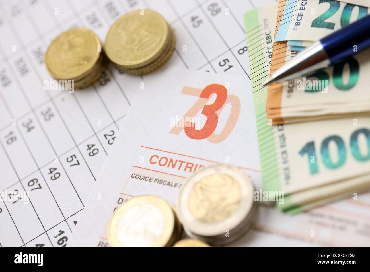 KYIV, UKRAINE - APRIL 20, 2024 many euro banknotes with the Modello 730 ...