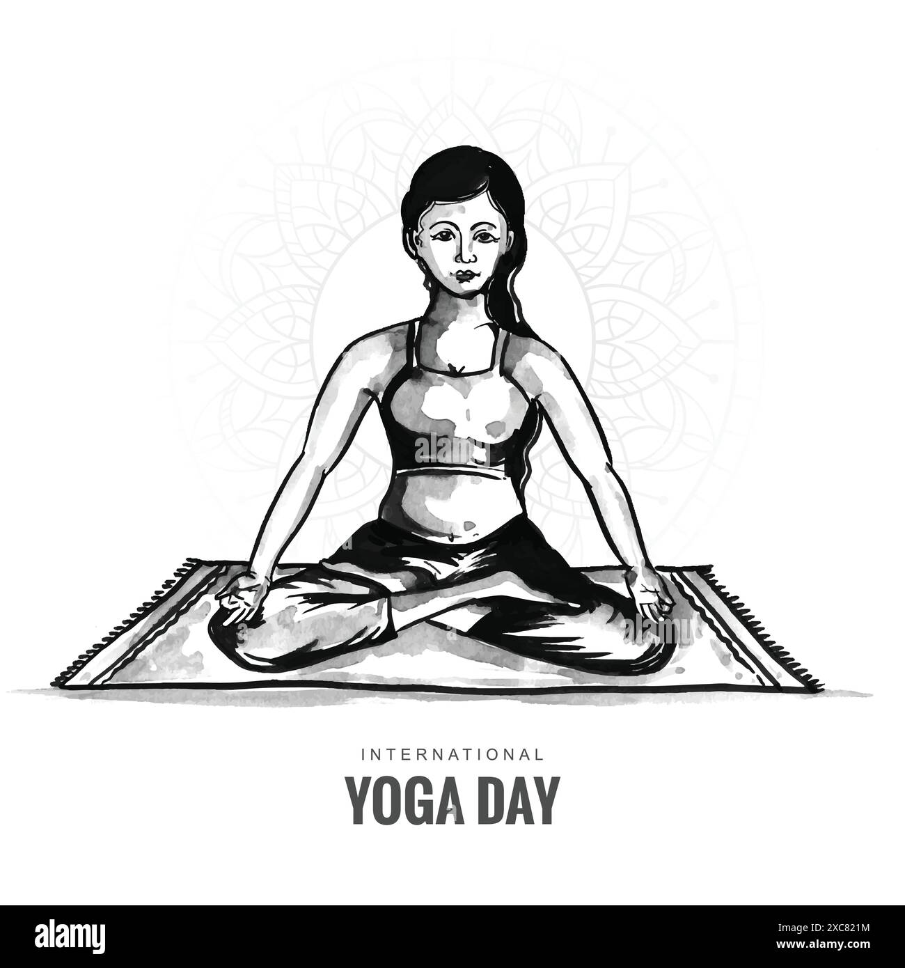 Hand draw international yoga day women yoga pose watercolor background ...