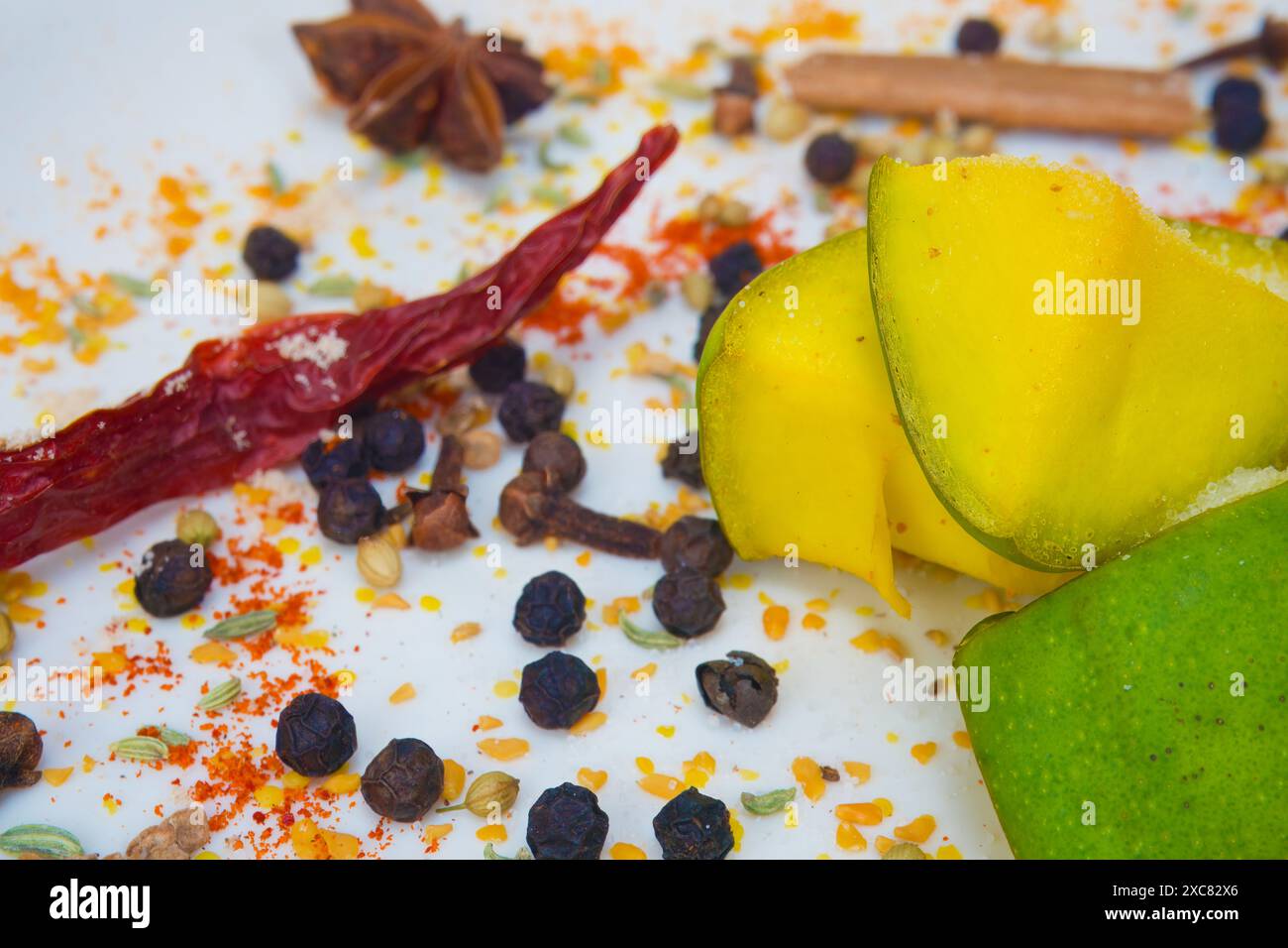 The assortment of Indian spices used for mango pickle, including red ...
