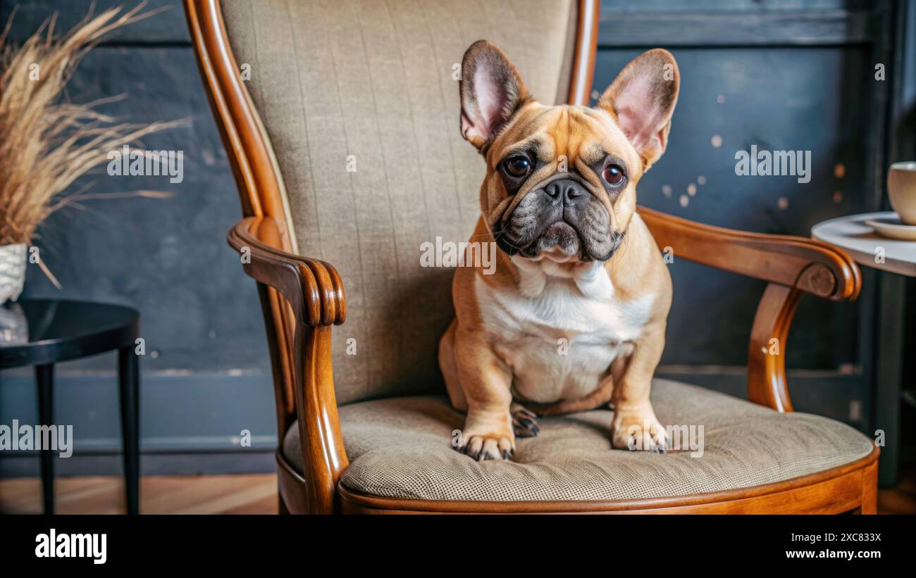 Cute cream french bulldog sit on the chair Stock Photo - Alamy