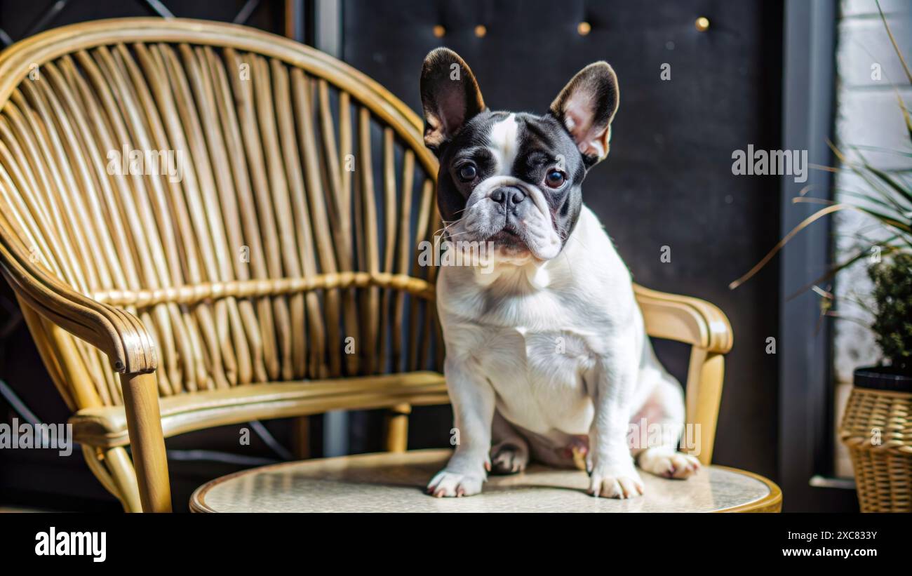 Cute cream french bulldog sit on the chair Stock Photo - Alamy