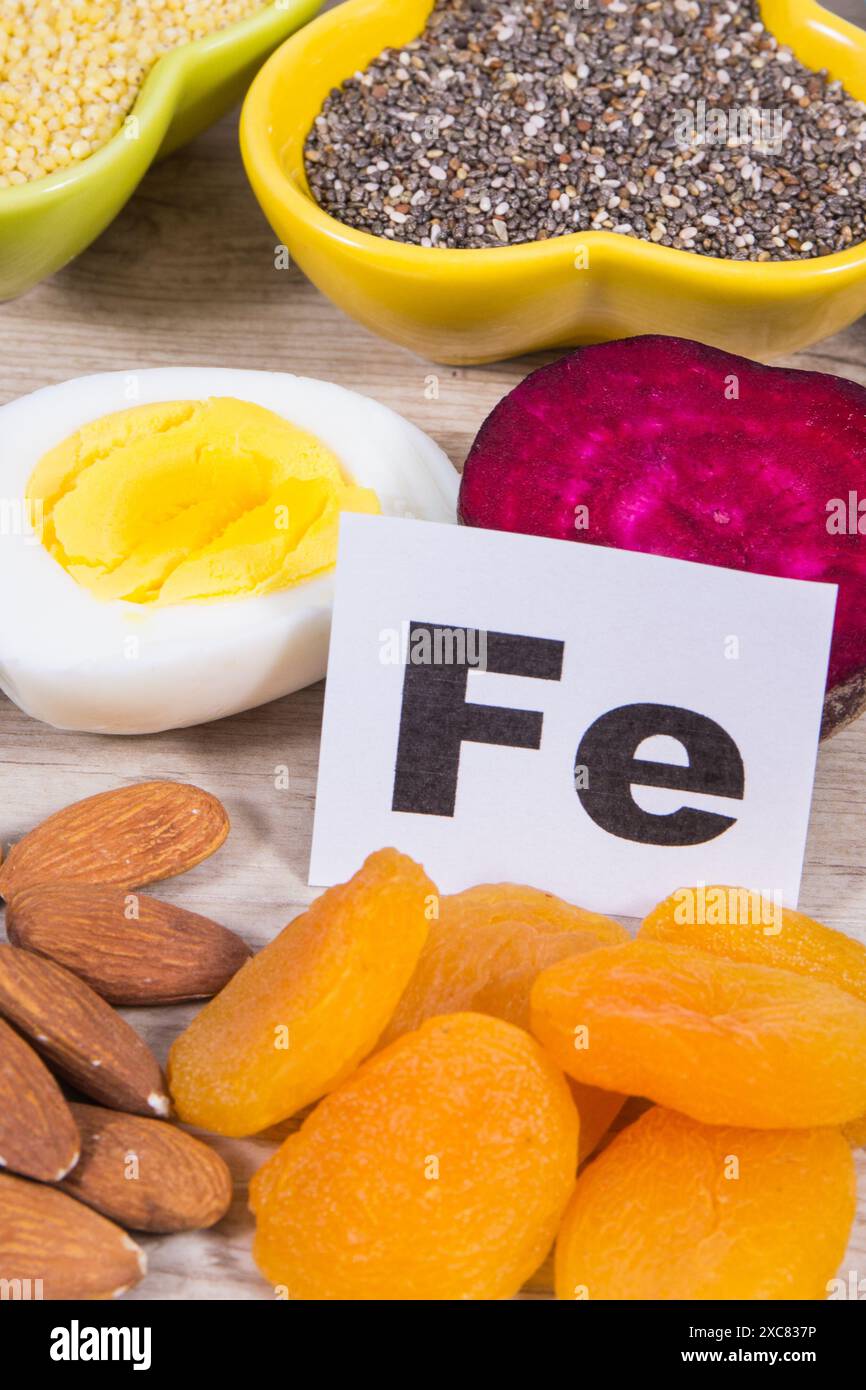 Healthy nutritious ingredients containing iron, vitamins and minerals ...