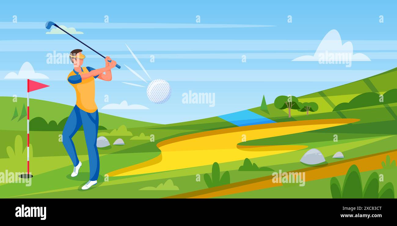 Young sports man playing golf, vector flat cartoon illustration. Golf ...