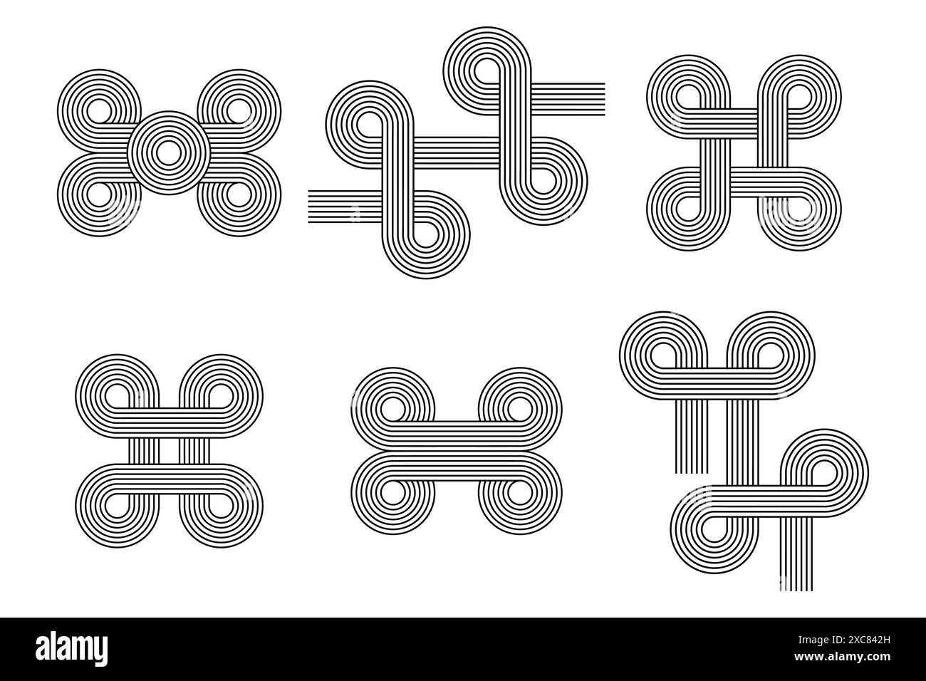 Set of geometric lines of arches and circles of twisted abstract shapes ...