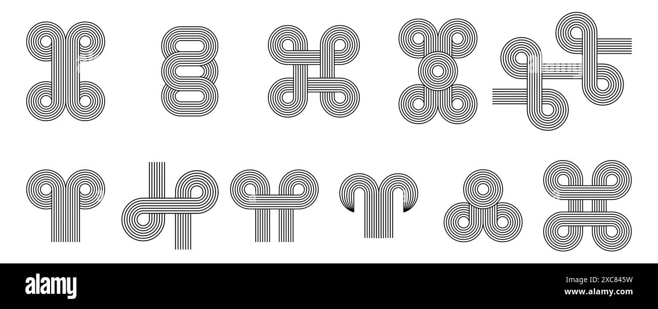 Set of geometric lines of arches and circles of twisted abstract shapes ...