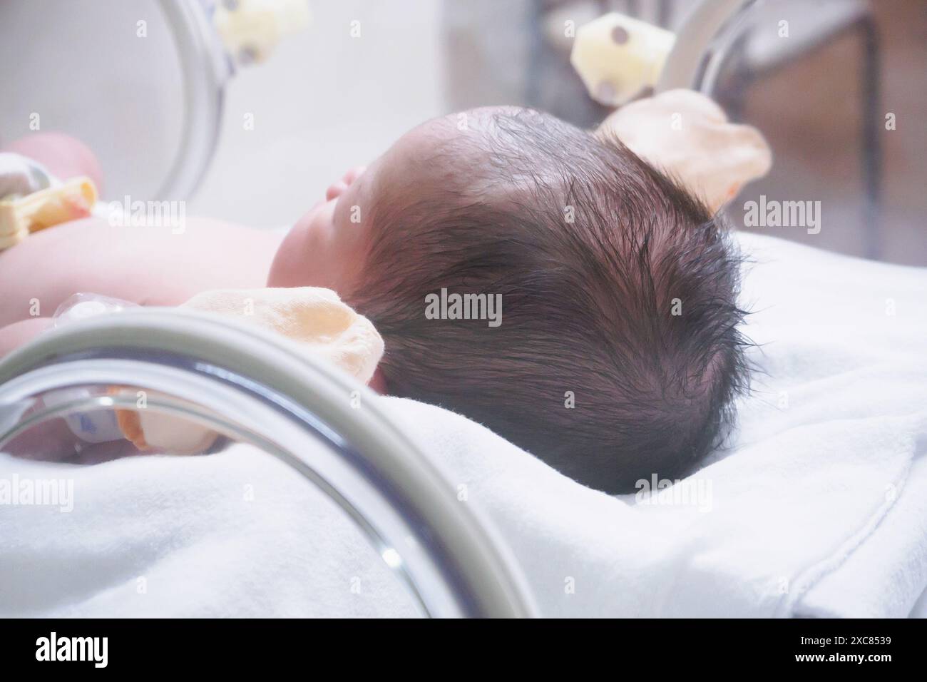 Newborn baby girl inside incubator in hospital post delivery room Stock ...