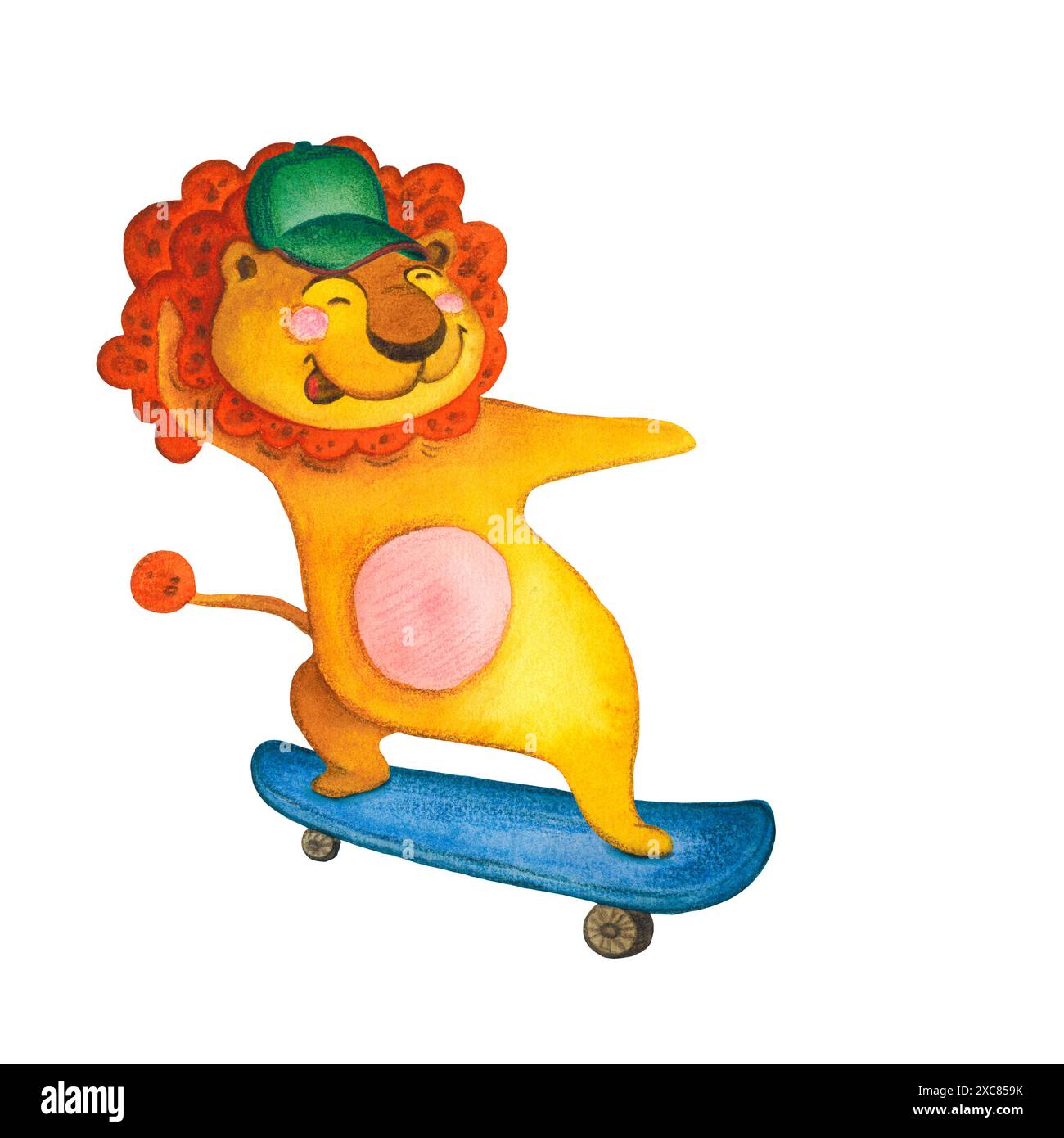 Watercolor, children's illustration depicting a lion in a green cap ...