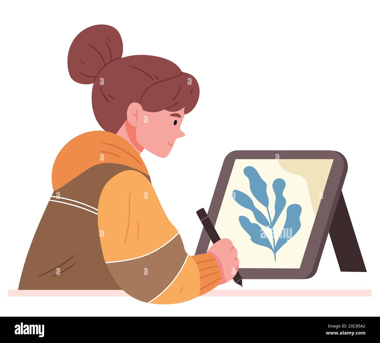 Happy woman work with tablet . Student designer character enjoy drawing ...