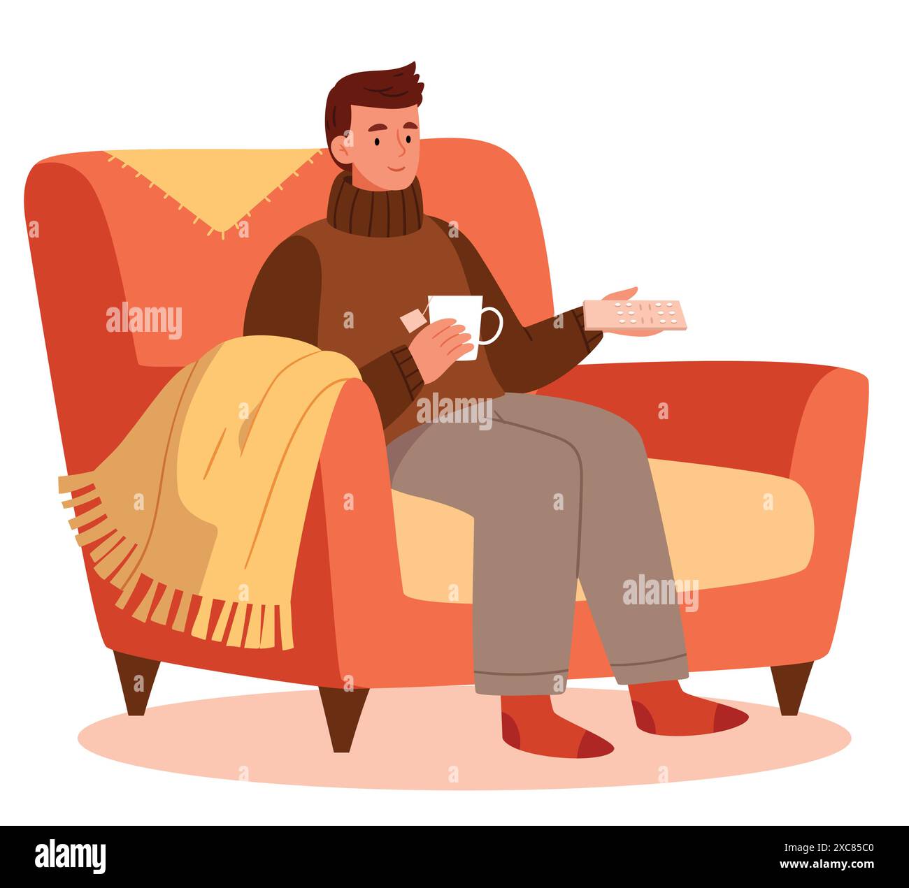Man watches TV on sofa with coffee cup vector illustration. Watching TV ...