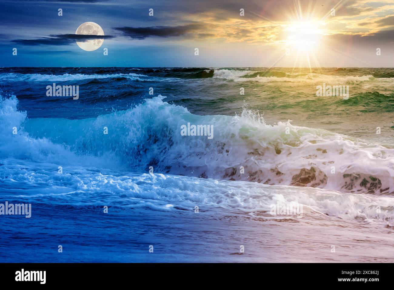 dramatic seascape at summer solstice. waves crashing the shore beneath ...