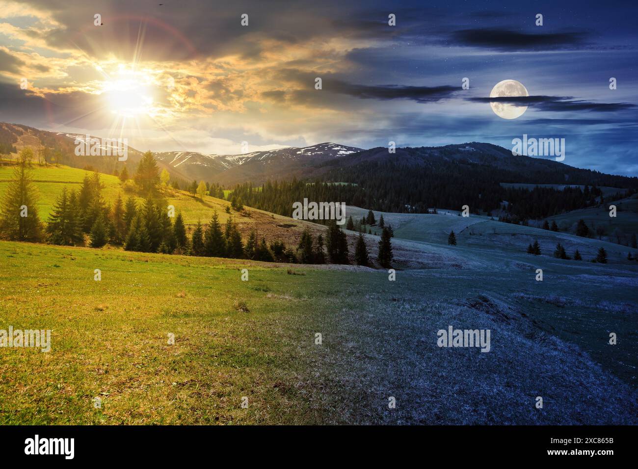 mountain landscape with sun and moon at spring equinox. meadow on the ...