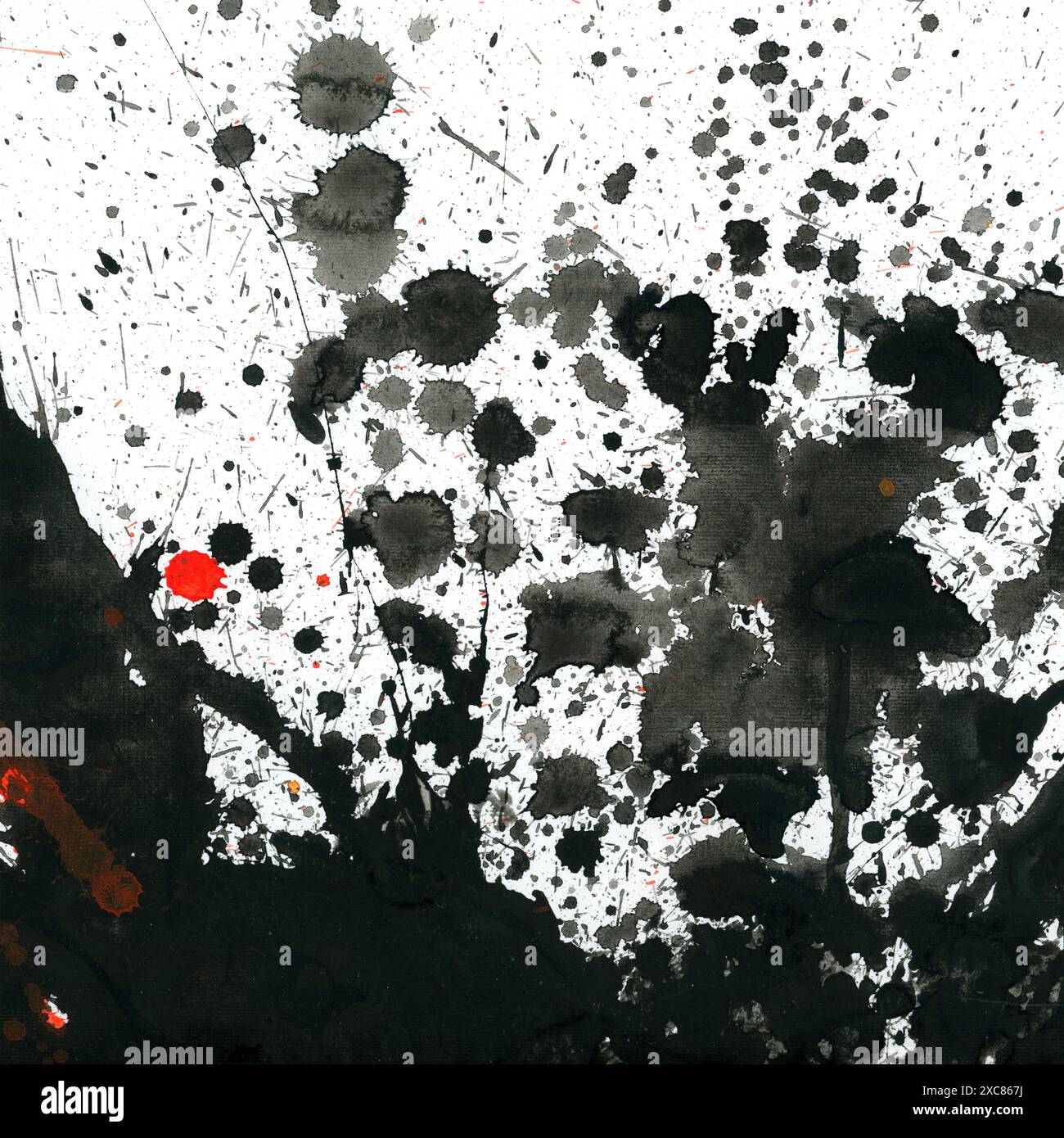 Abstract ink splatter art with black, red, and white, chaotic energy ...