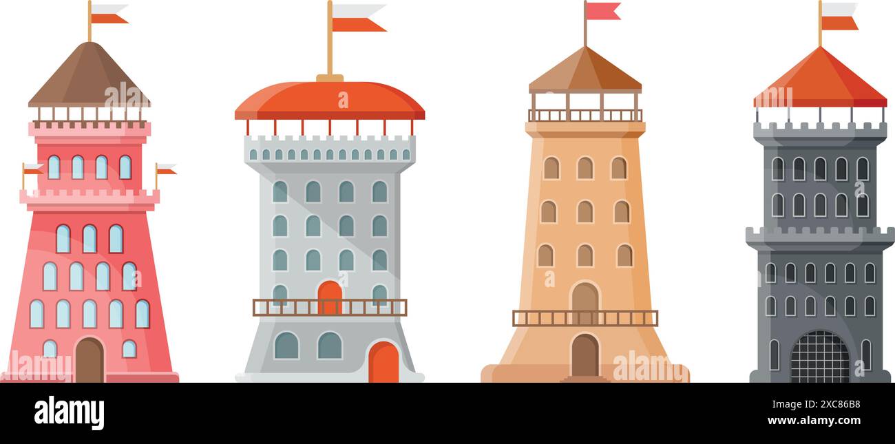 Castle tower icons set in flat style. Medieval citadel vector ...