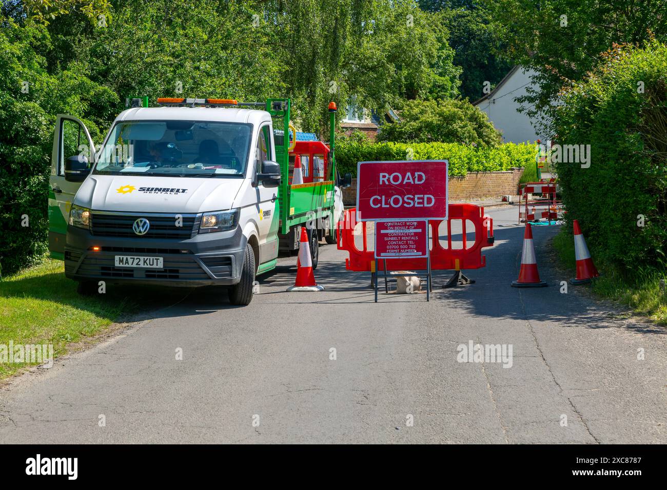 Road Closed sign due to BT maintenance work in street, Shottisham ...
