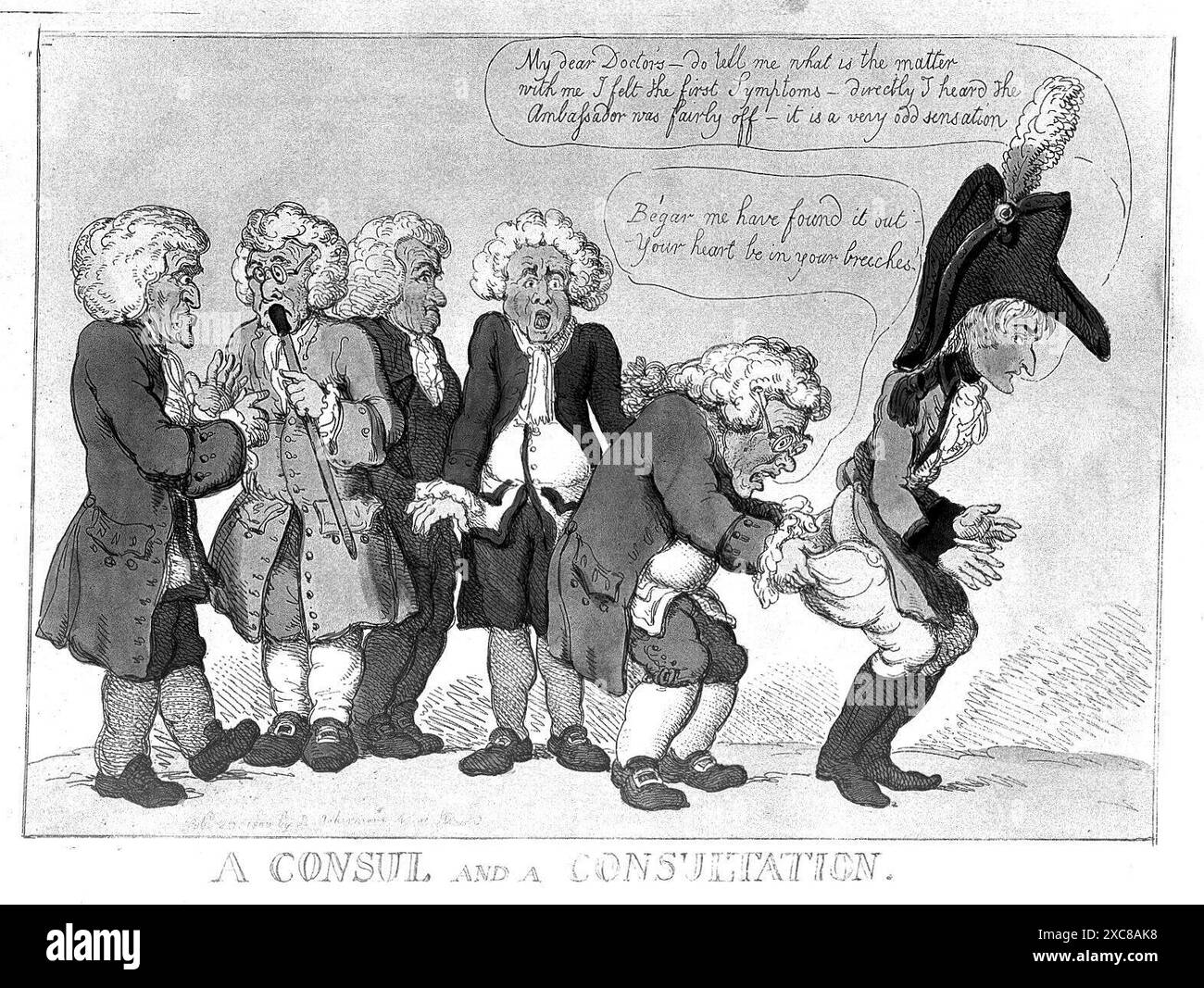 A satirical coloured etching from 1803 depicts five doctors examining ...