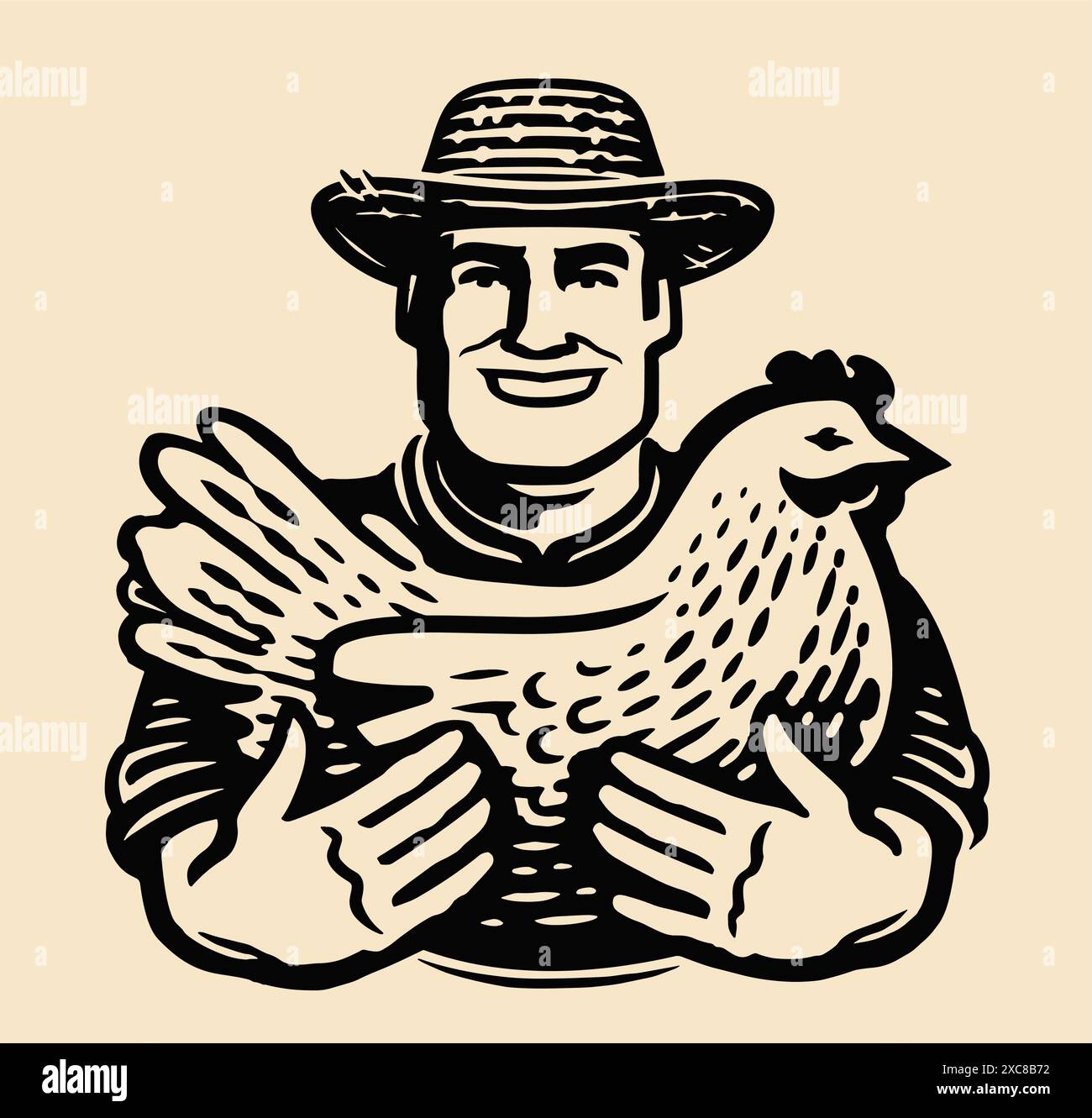 Poultry farm emblem or logo. Happy farmer with straw hat holding live ...