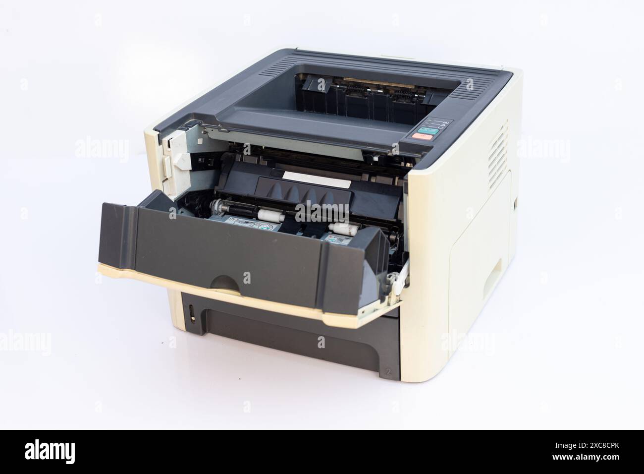 Office Printer Open for Repair Work on White Background Stock Photo - Alamy