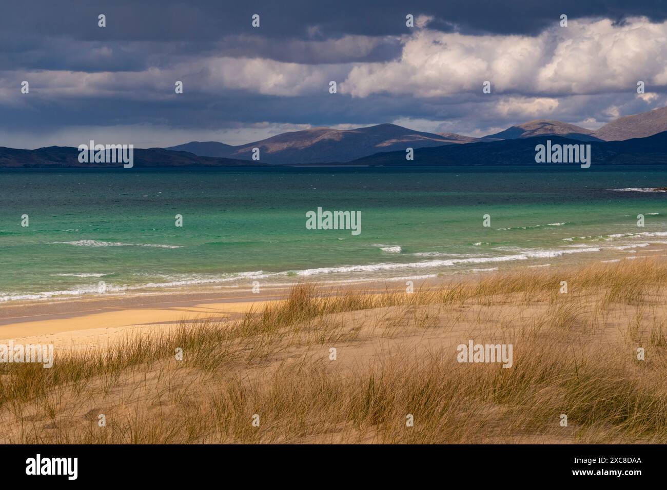 Sand dunes, grasses and surf on Scarista Beach on the west coast of the ...