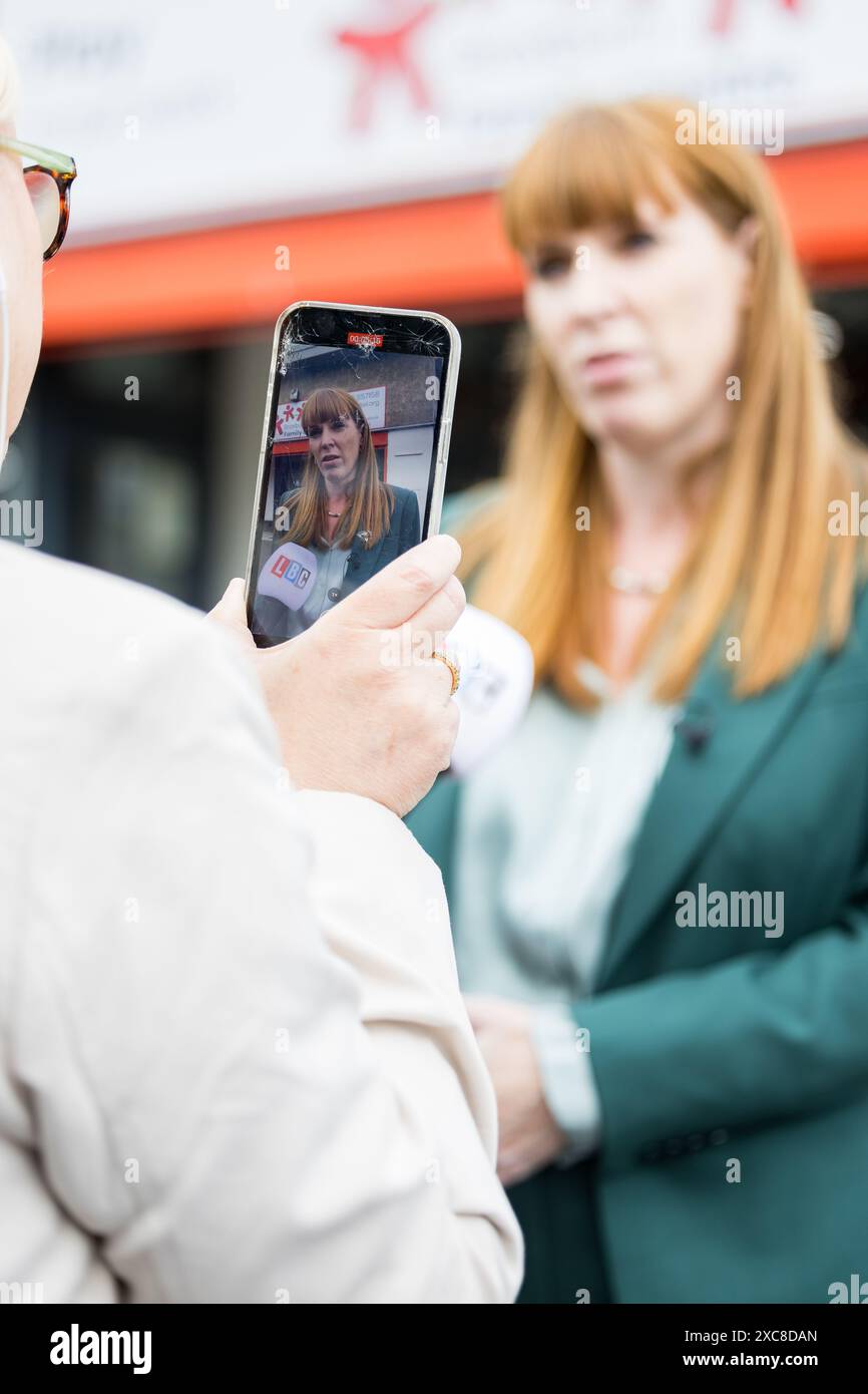 Livingston, Scotland. 15 June 2024. Angela Rayner speaks to the media ...