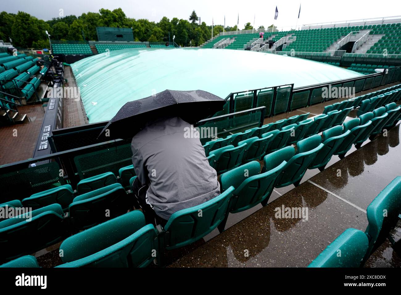 A spectator shelters under an umbrella as rain disrupts play on day six ...