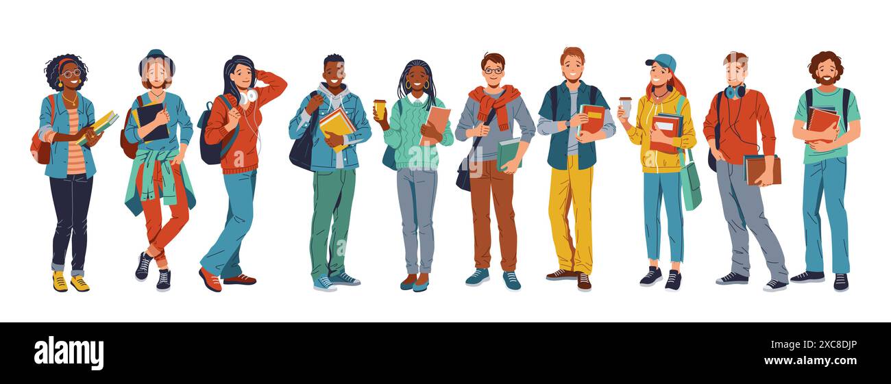 A diverse group of students standing in a row against a white ...