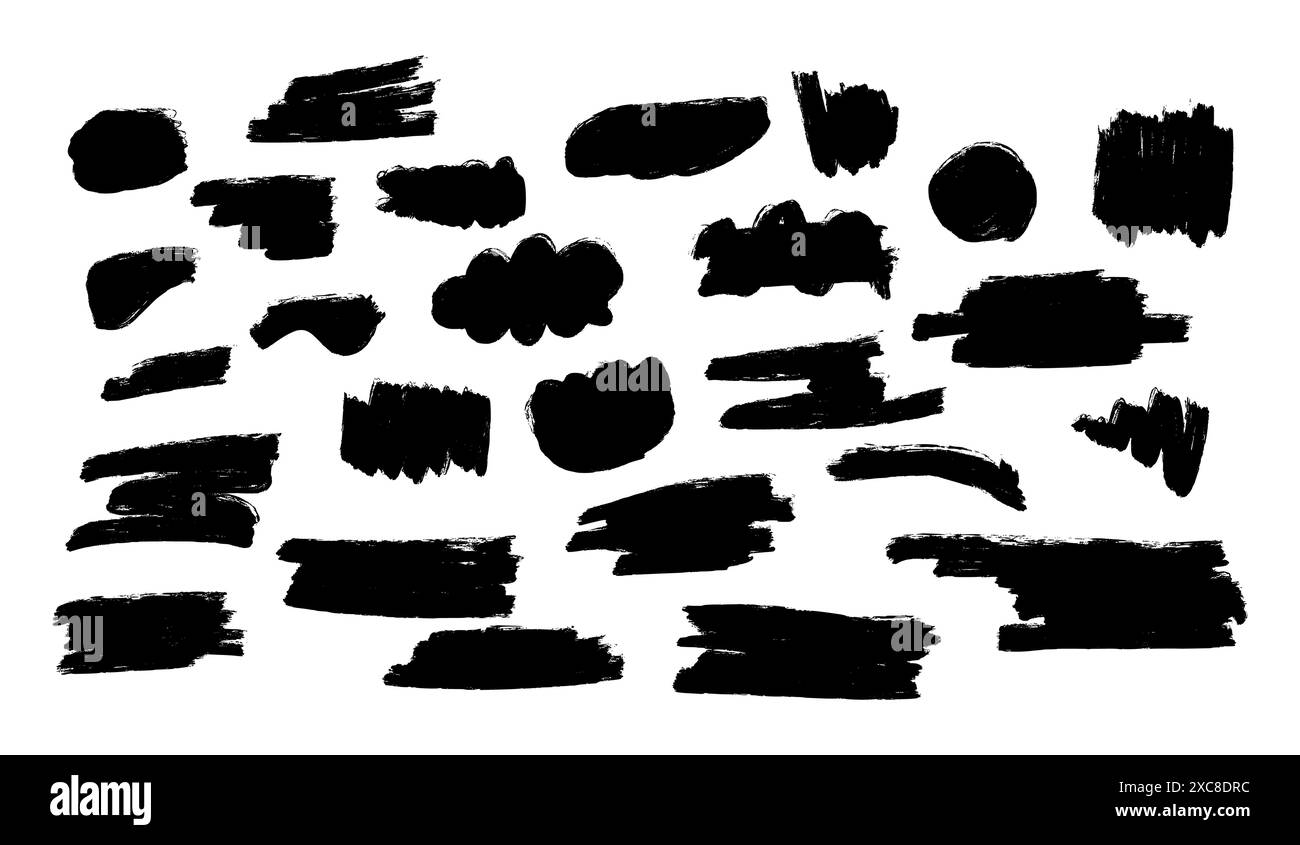 Set of unique vector brush strokes doodles in black on a white ...