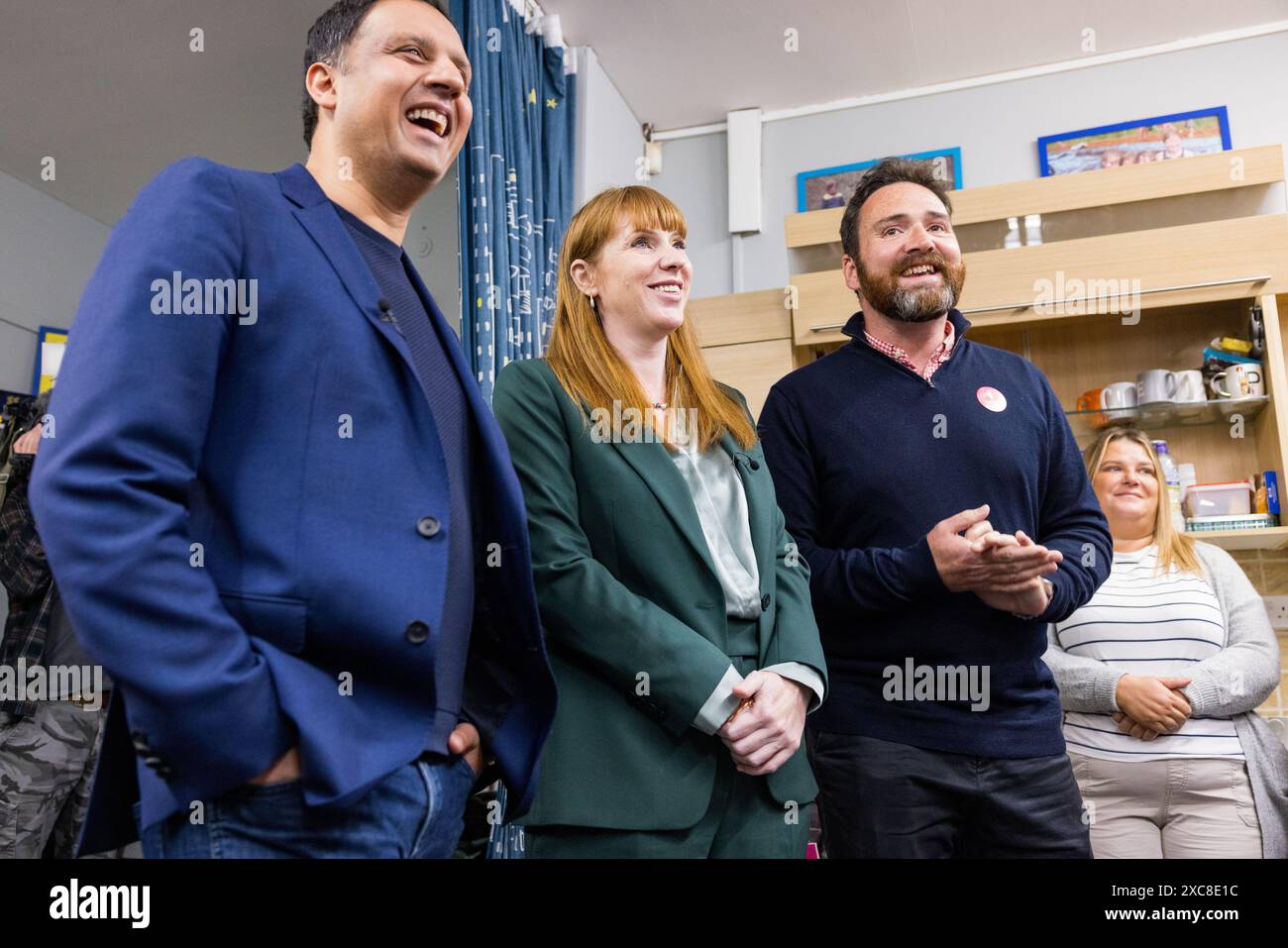 Livingston, Scotland. 15 June 2024. Anas Sarwar, Angela Rayner and ...