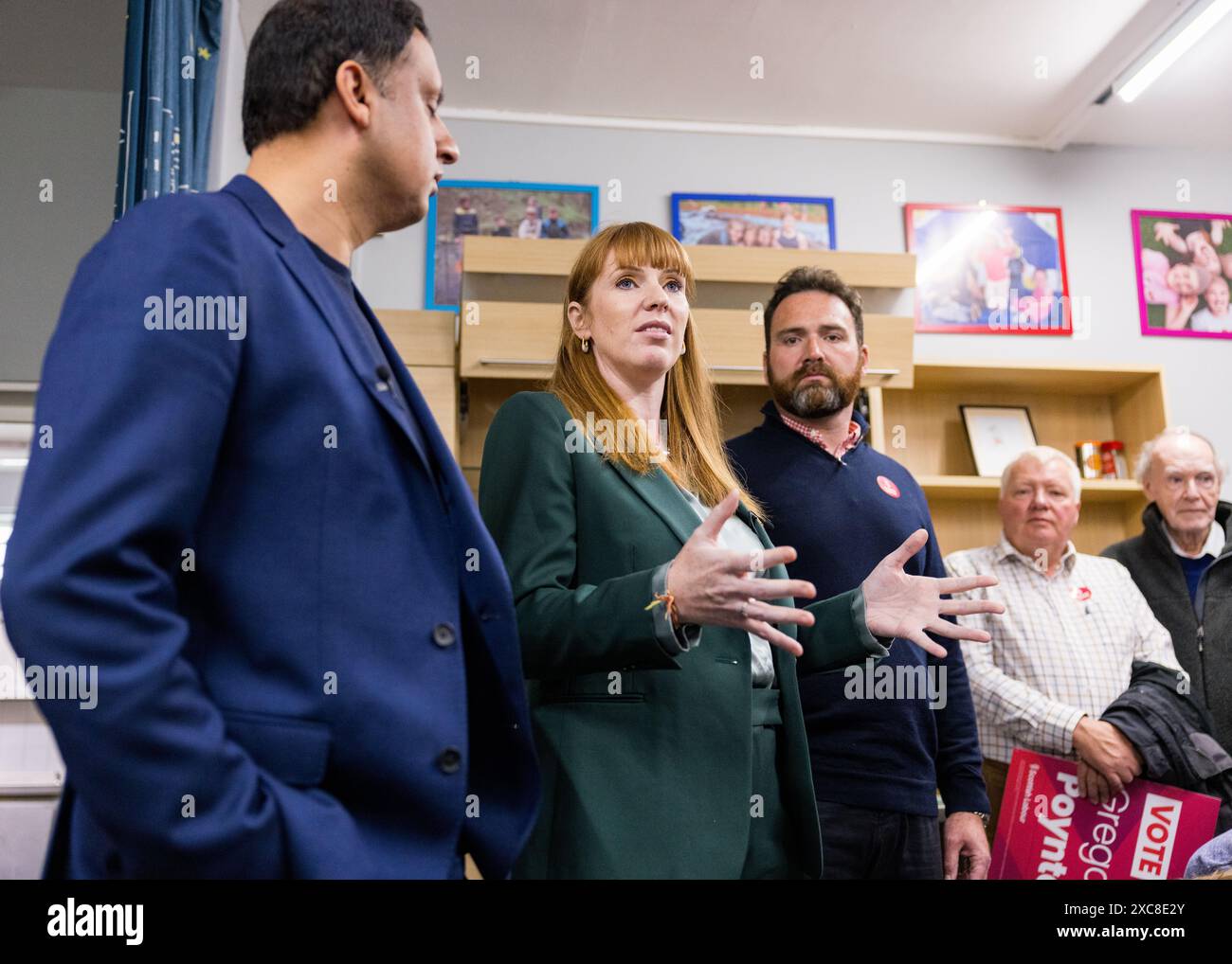 Livingston, Scotland. 15 June 2024. Anas Sarwar, Angela Rayner and ...