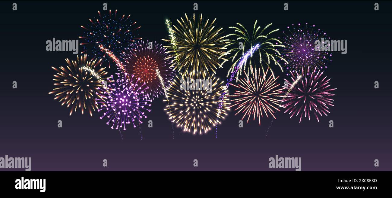 Shimmering firework display realistic vector illustration. Colorful exploding fire show in night ...