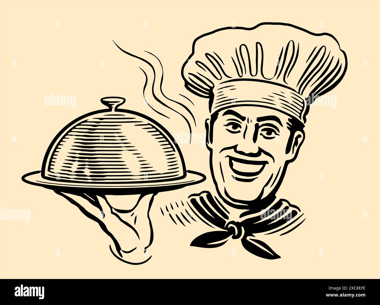 Happy chef with tray. Male cook in hat with cloche in hand. Vector ...