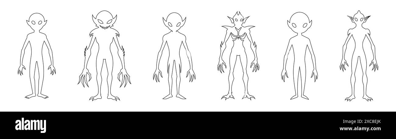Set of Black outlines of an aliens isolated on white background ...