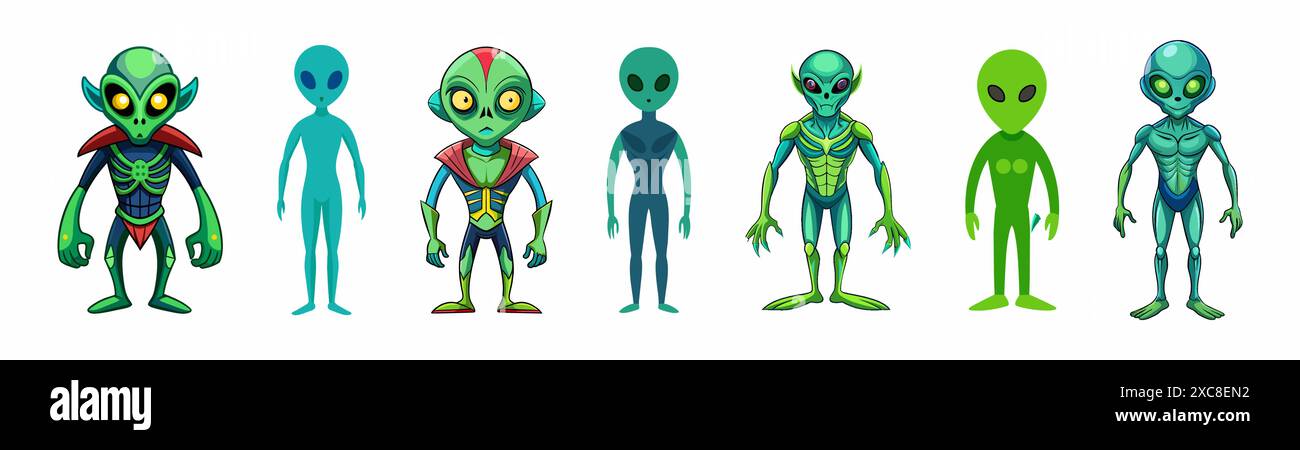 Set of aliens with large eyes isolated on white background ...