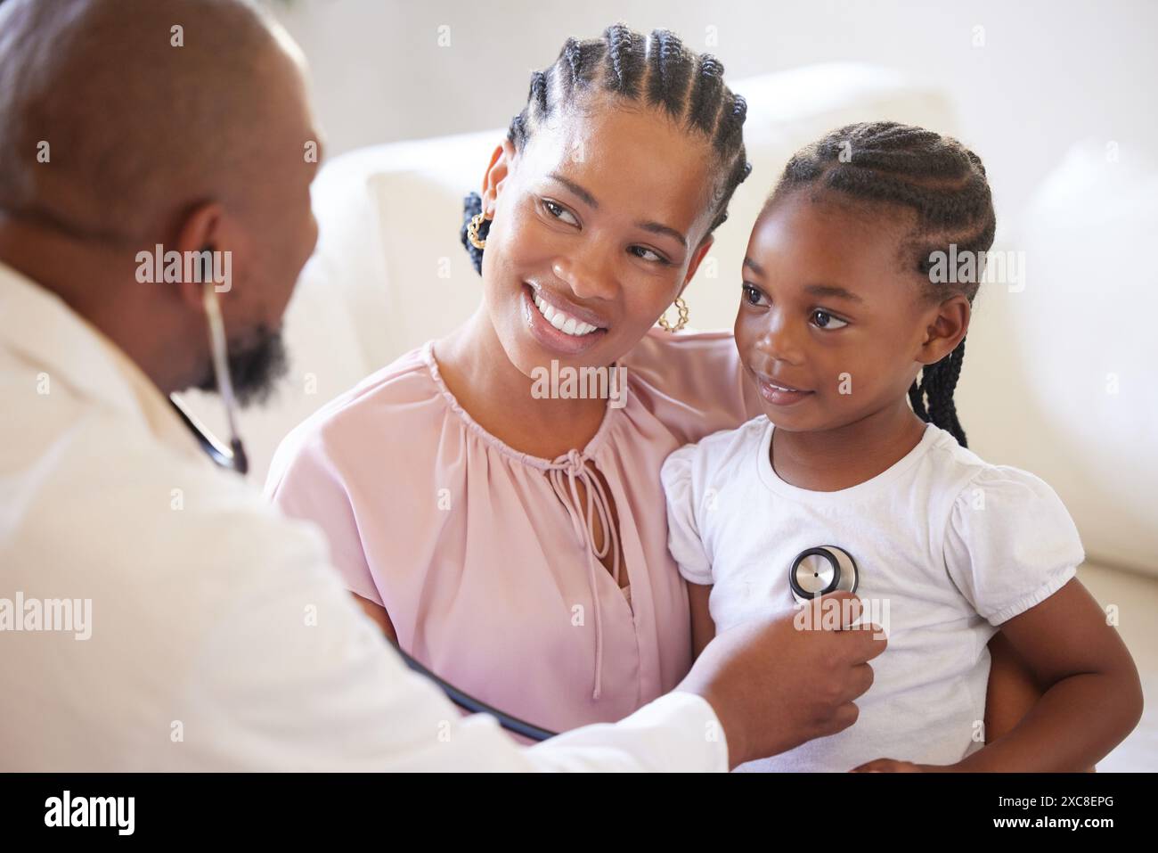 Black people, mother and girl with doctor stethoscope for healthcare ...