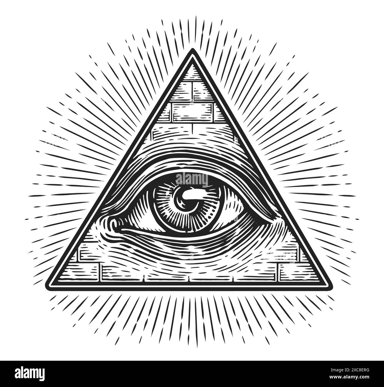 All seeing eye inside triangular pyramid with light rays. Sketch vector ...