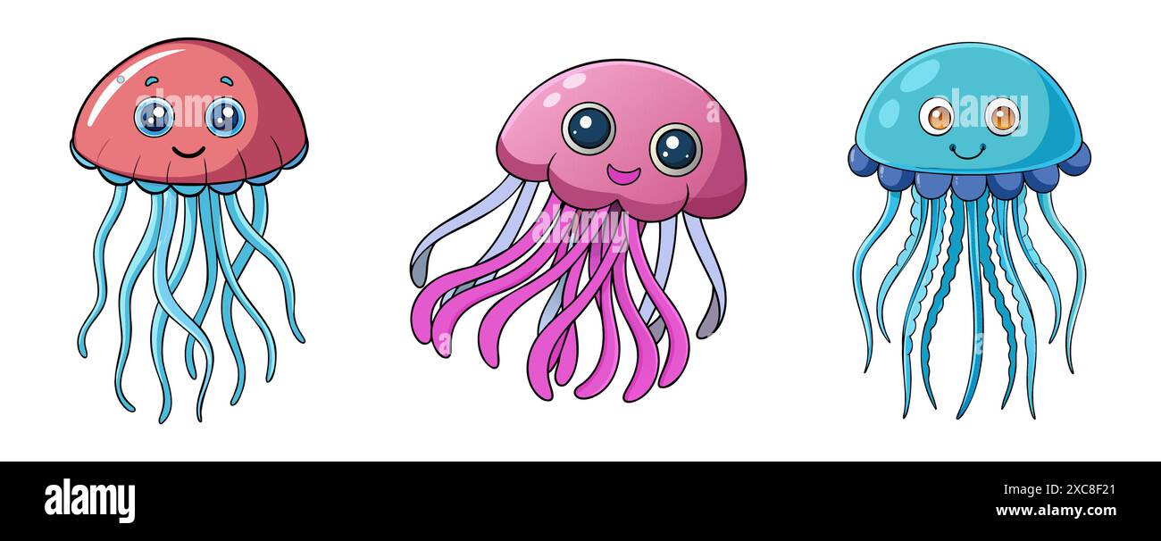 Set of Funny smiling Jellyfish with flowing tentacles. Oceanic medusas ...