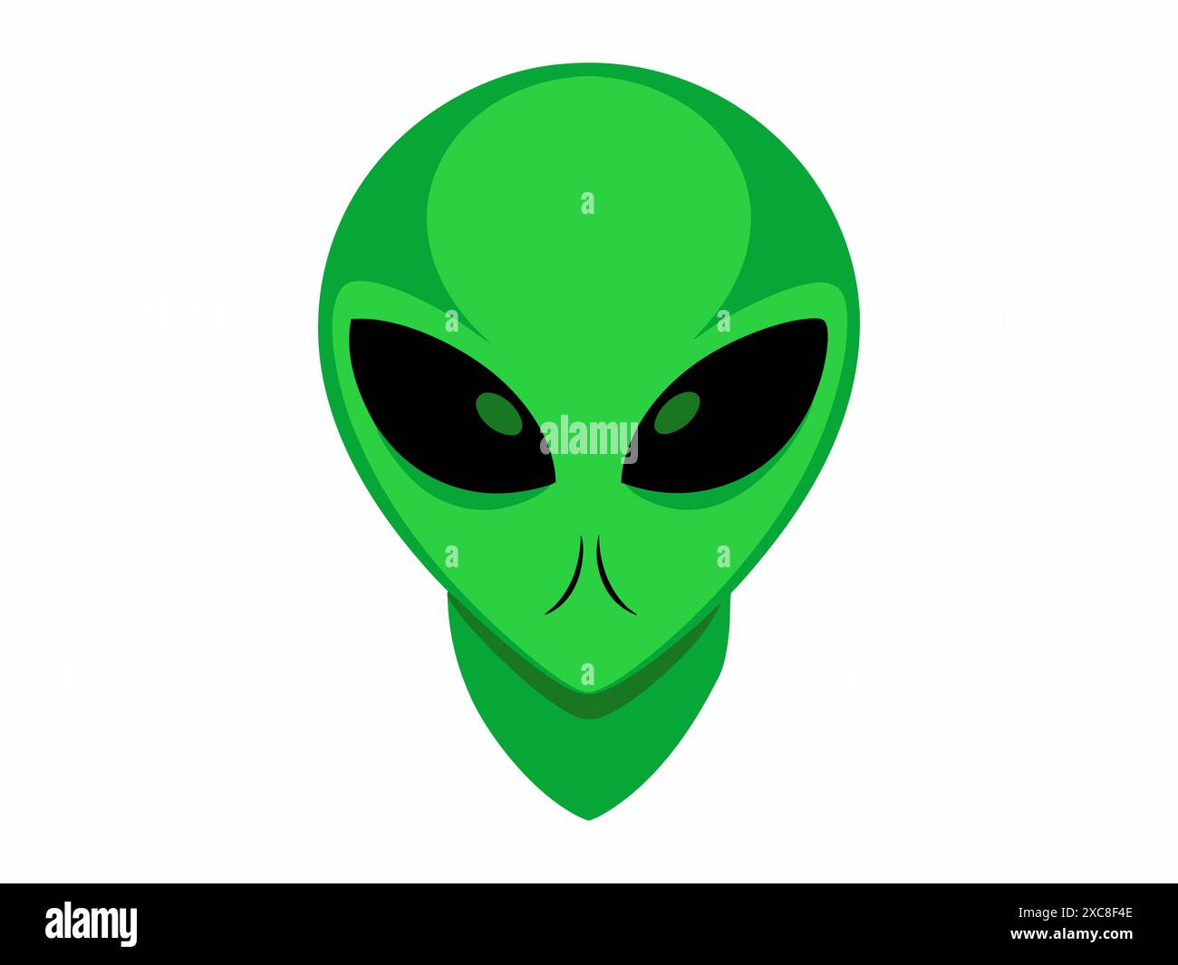 Green alien head with large eyes isolated on white background. Portrait of a humanoid in a ...
