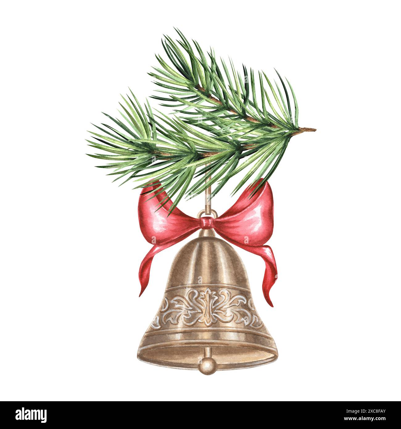 Christmas tree bell with silk bows on spruce branch. Hand drawn ...