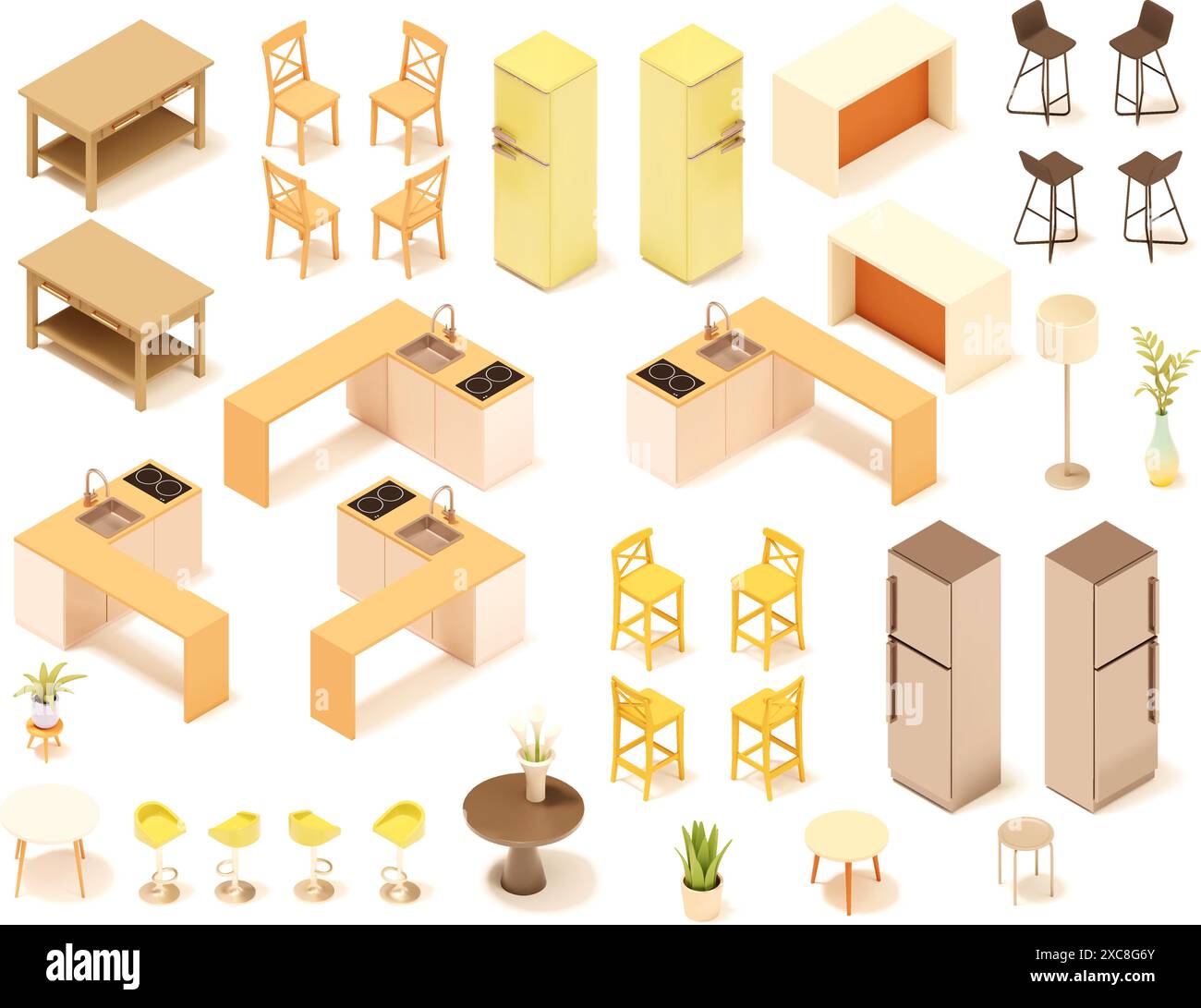 Vector isometric kitchen furniture set. Dining room table, lamps ...