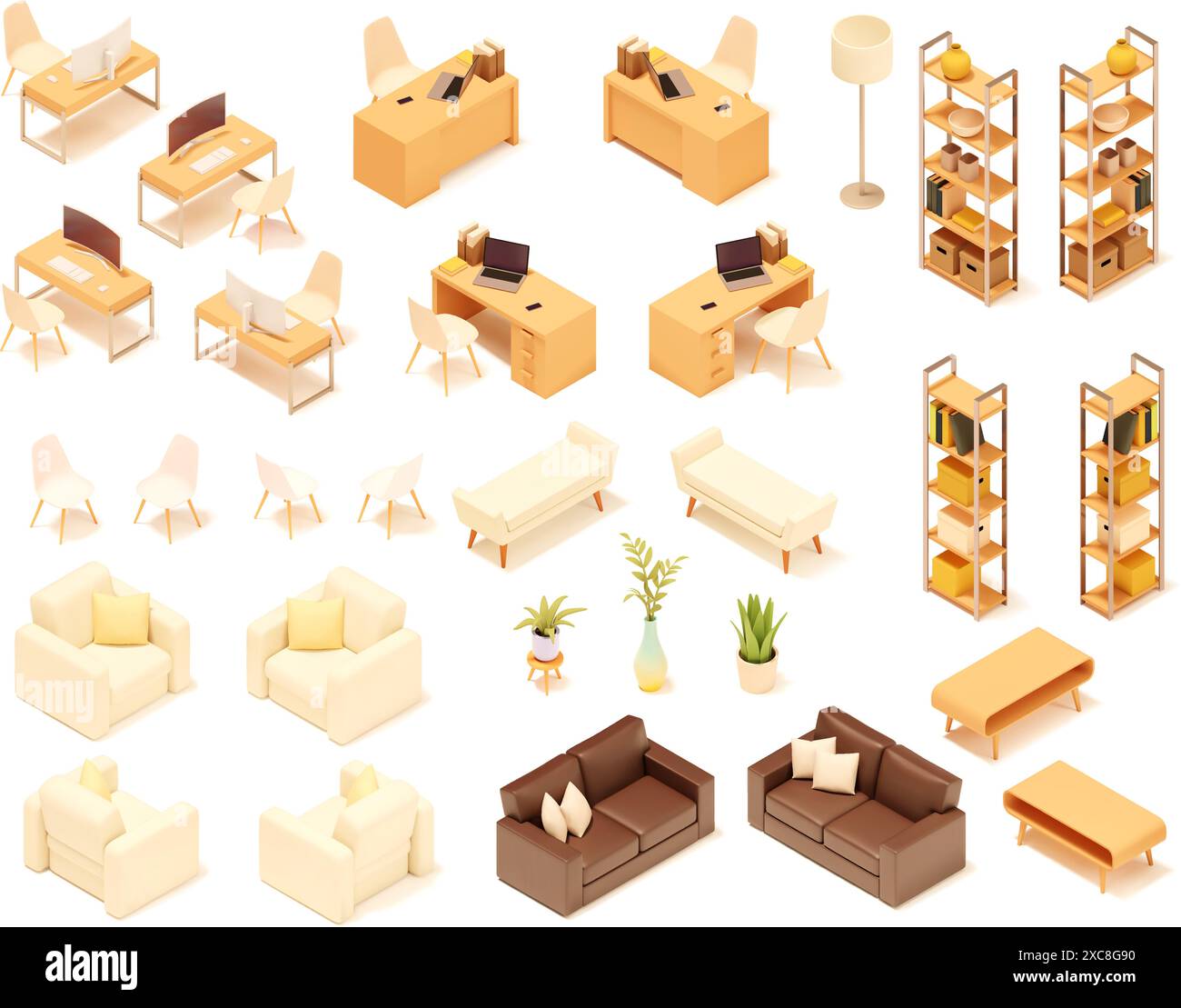 Vector isometric home and office furniture set. Domestic and working ...