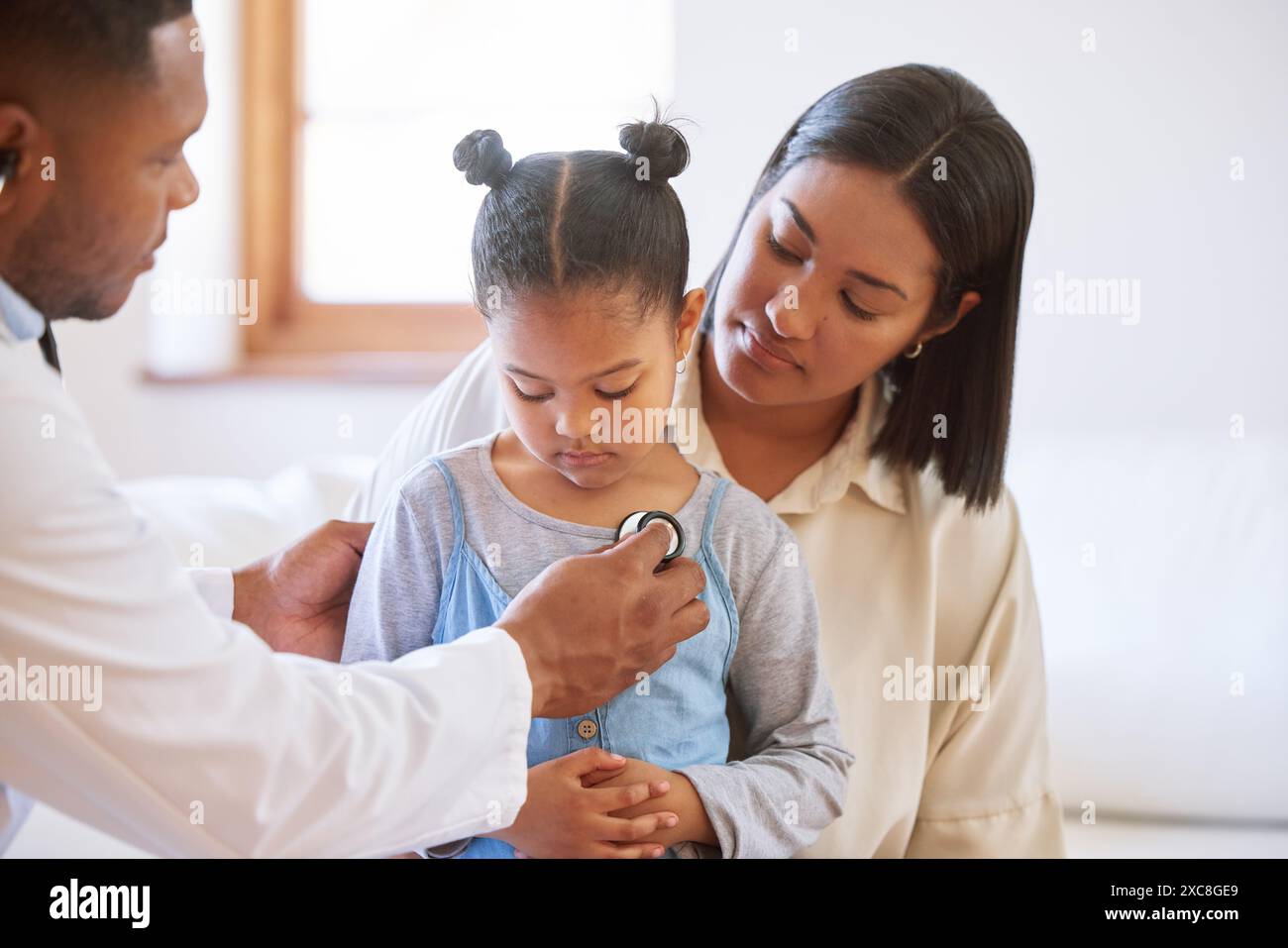 Girl, mom and doctor with stethoscope in healthcare for listening to ...