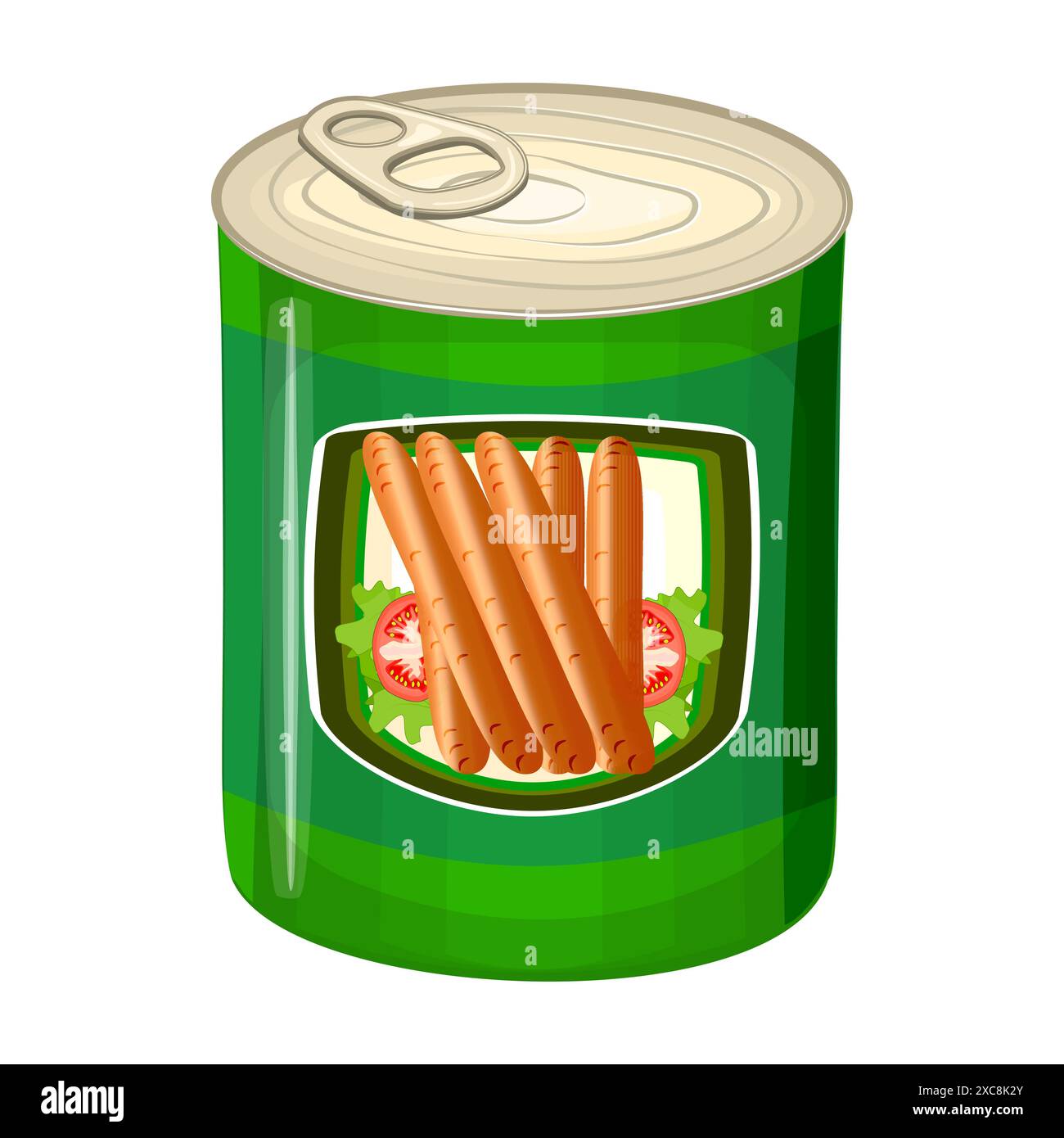 Sausages tin can. Tinned sausages with label. Container preserved ...