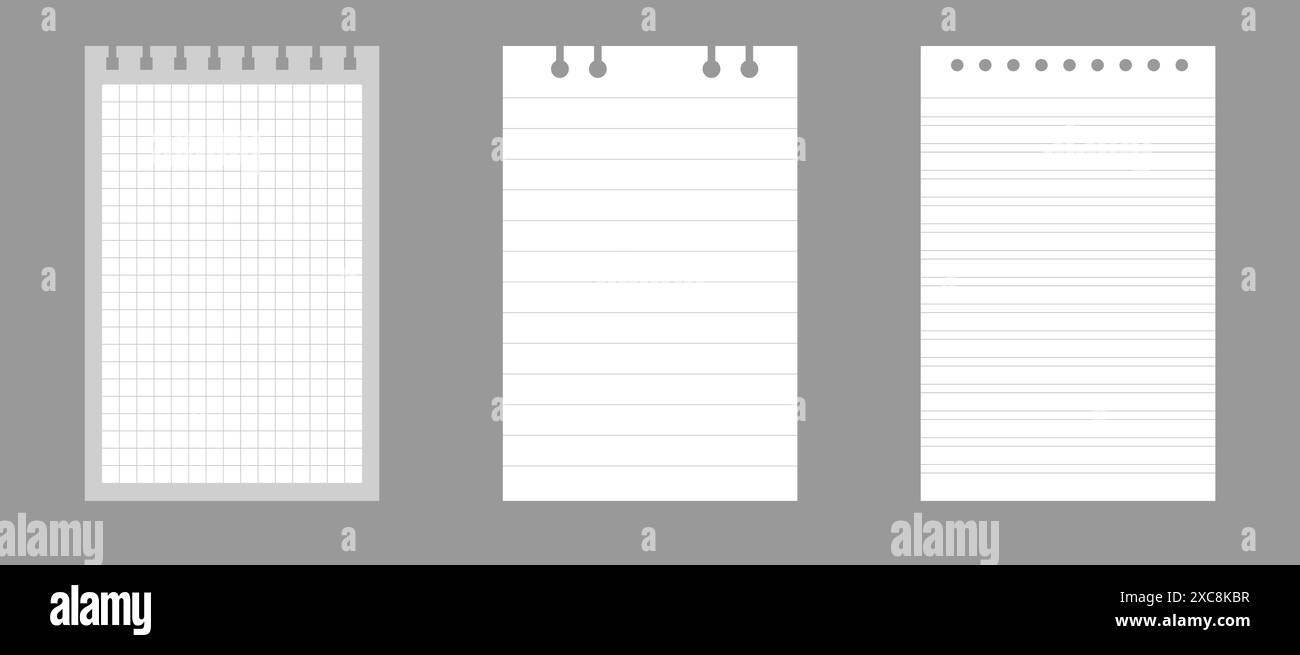 Set of notebook sheets isolated on gray background. Realistic white blanks of checkered and ...