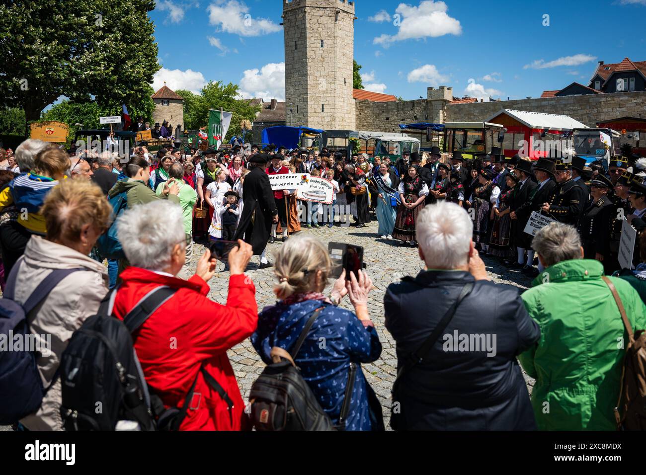 15 June 2024, Thuringia, Mühlhausen: Visitors take photos on their cell ...