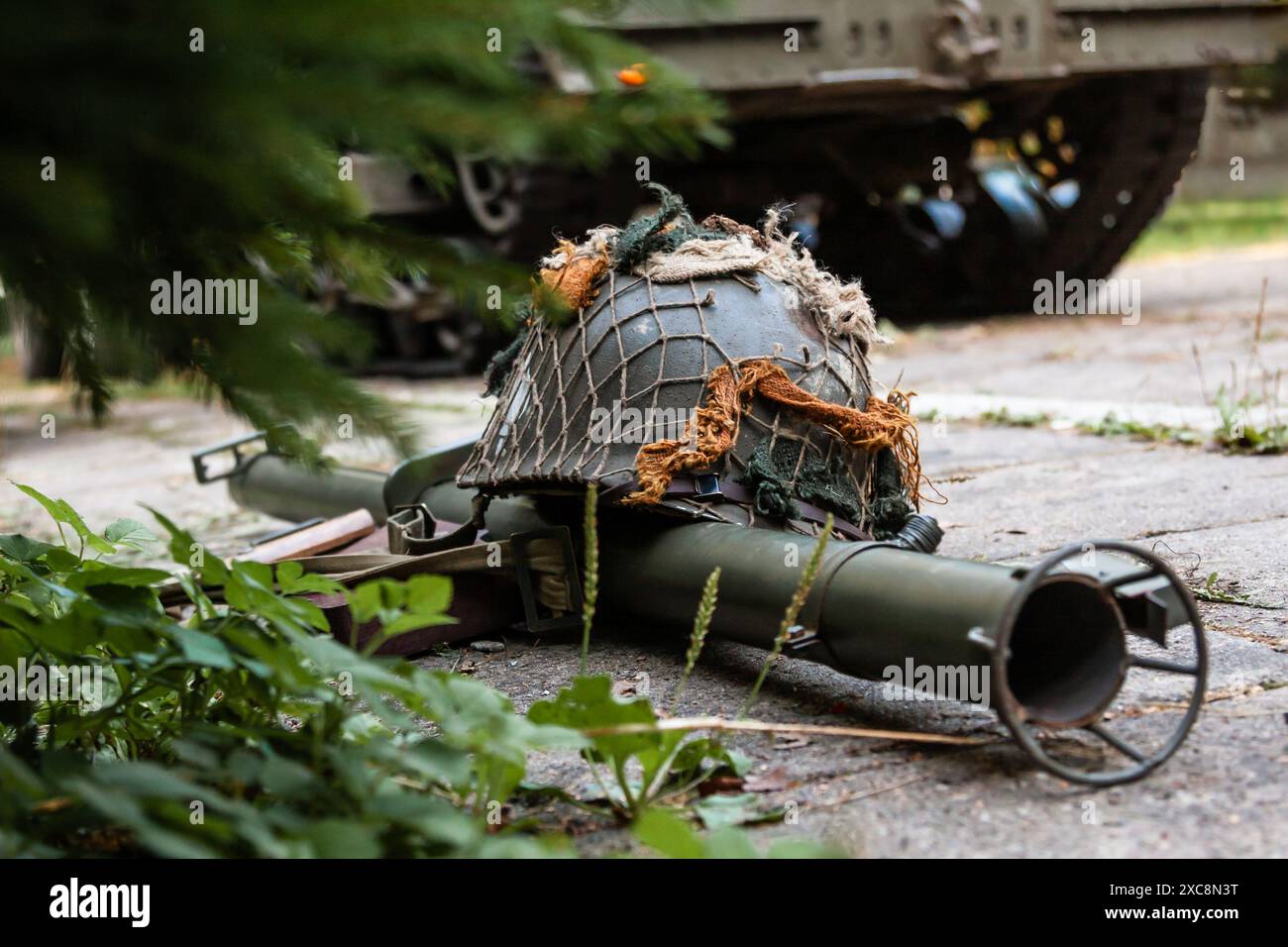 American military equipment from World War II. M1 helmet and M1 hand ...