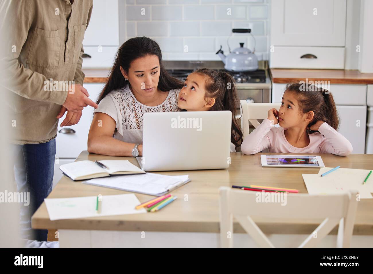 Family, children and laptop for education, homework and development by ...