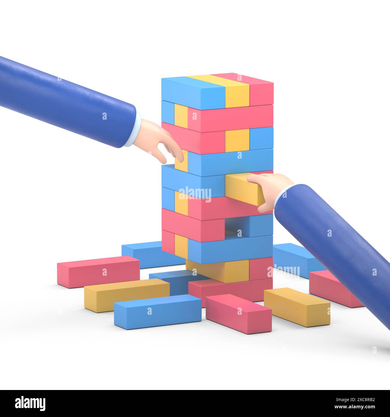 Cartoon Gesture Icon Mockup.Businessman hands play wood block tower ...