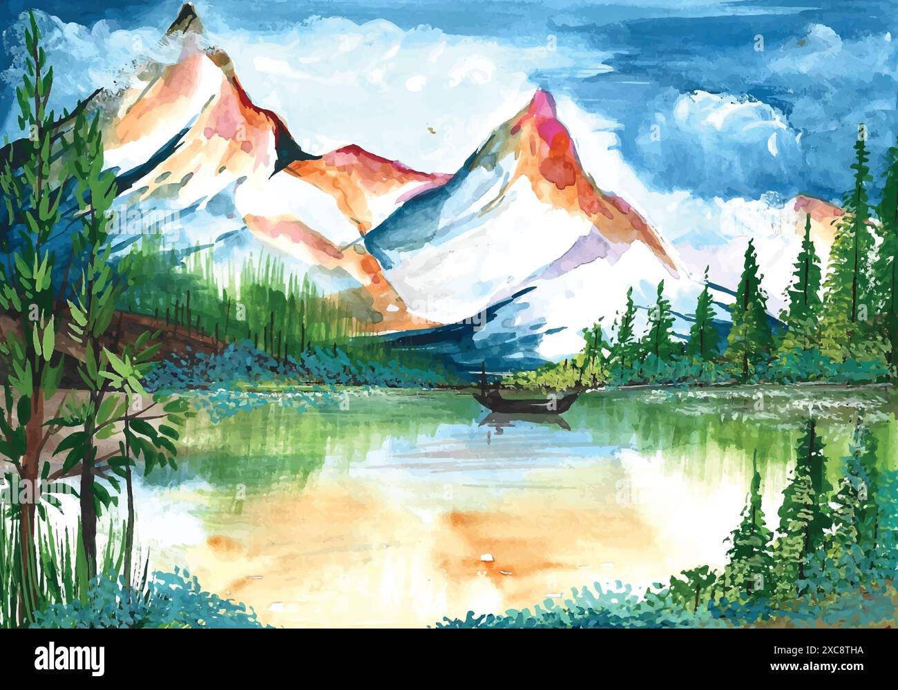 Hand draw mountain landscape scene watercolor background Stock Vector ...